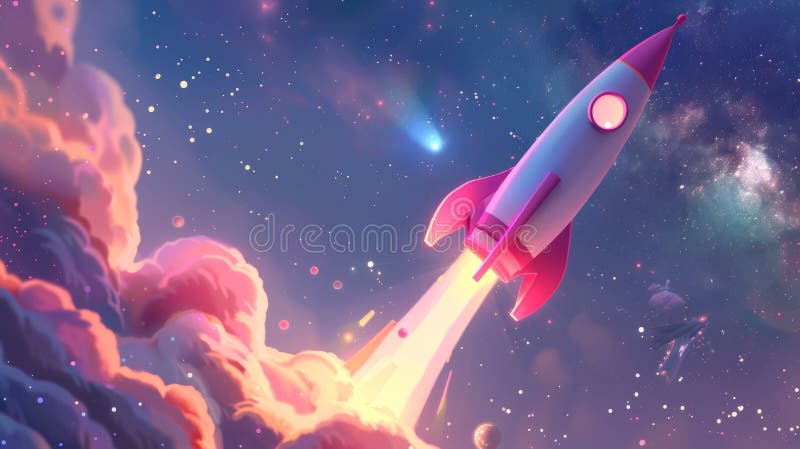 Rocket Launching into Space with Colorful Nebula, Futuristic ...