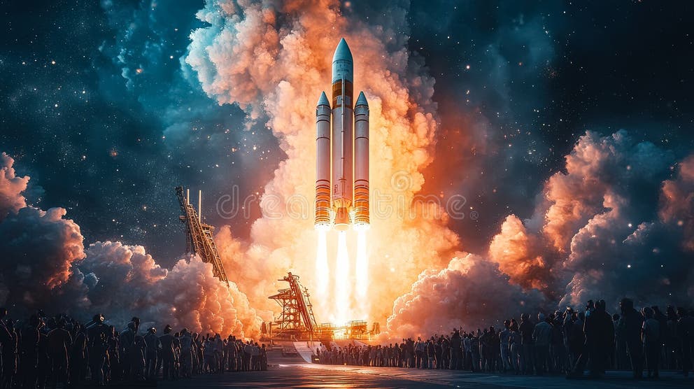 Rocket is Launching into Space with a Crowd of People Watching Stock ...