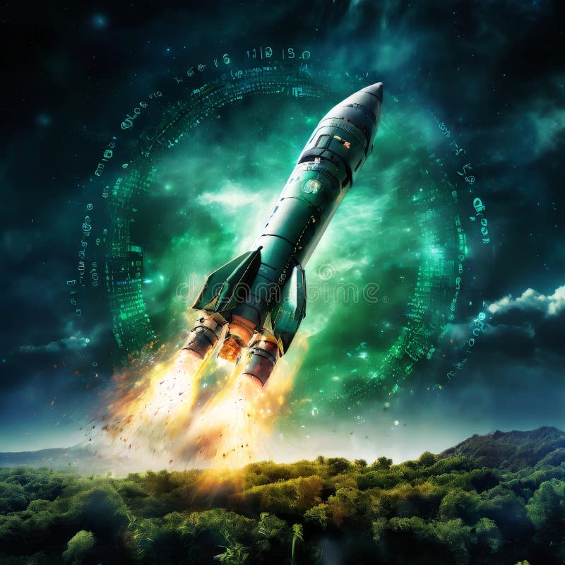 Rocket Launching into Space with a Digital Data Backdrop Stock Photo ...