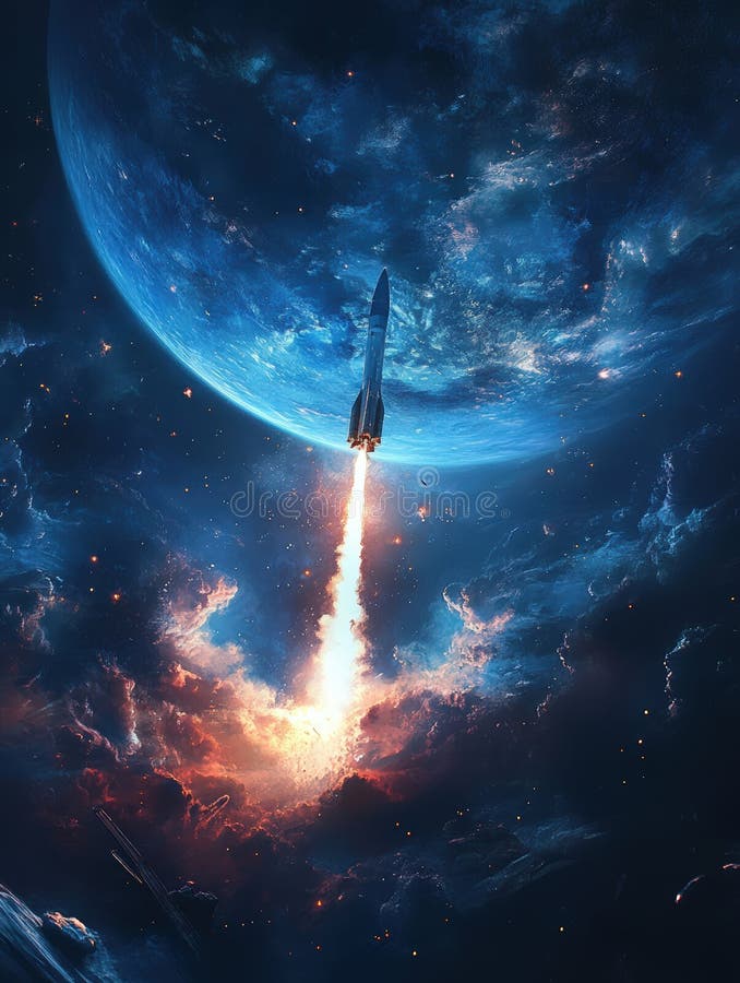 Rocket Launching into Space with Earth in the Background and Vibrant ...