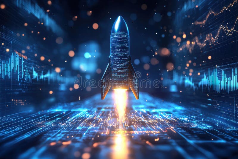 Rocket Launching into Space Futuristic Digital Landscape High-tech ...