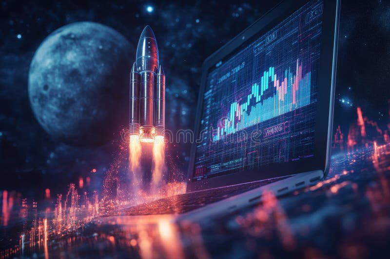 A Rocket is Launching into Space with a Laptop Displaying Stock Market ...