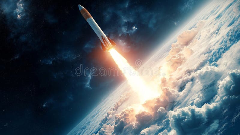 Rocket Launching into Space, Leaving Behind a Trail of Light Stock ...