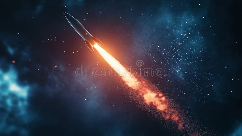Rocket Launching into Space, Leaving Behind a Trail of Light Stock ...