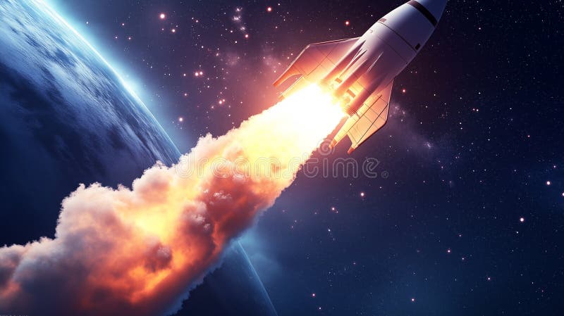 Rocket Launching into Space, Leaving Behind a Trail of Light Stock ...