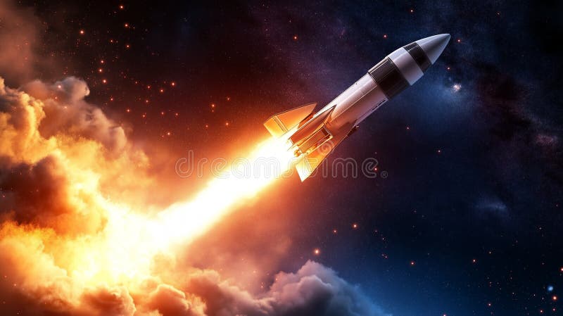 Rocket Launching into Space, Leaving Behind a Trail of Light Stock ...