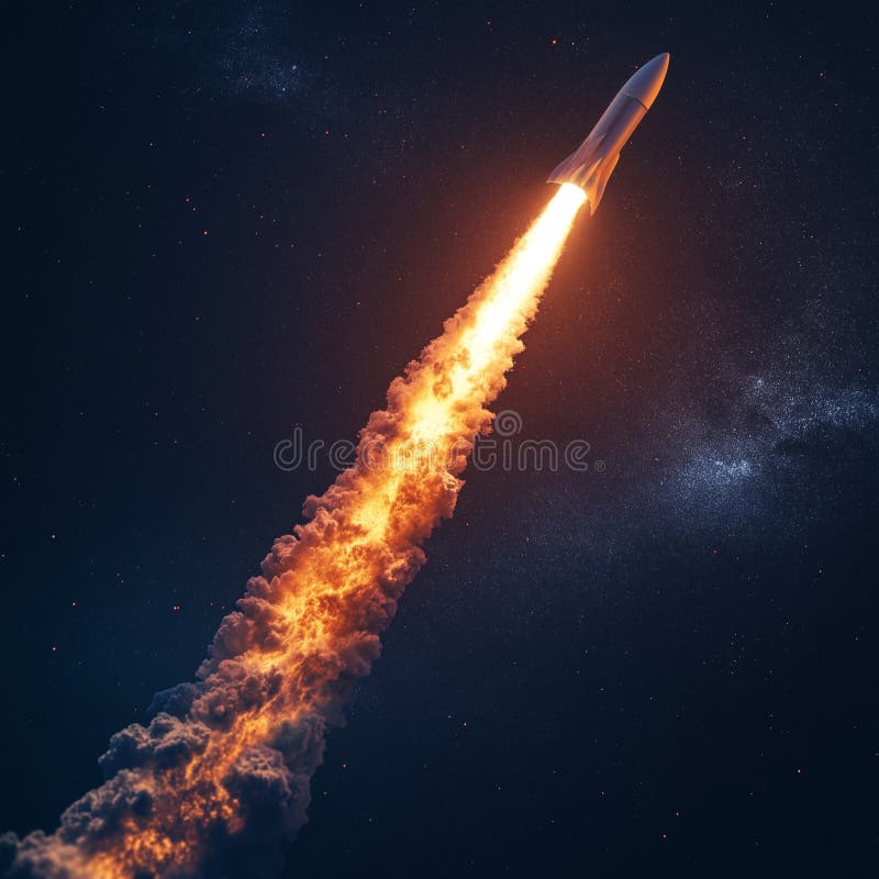 Rocket Launching into Space, Leaving Behind a Trail of Light Stock ...
