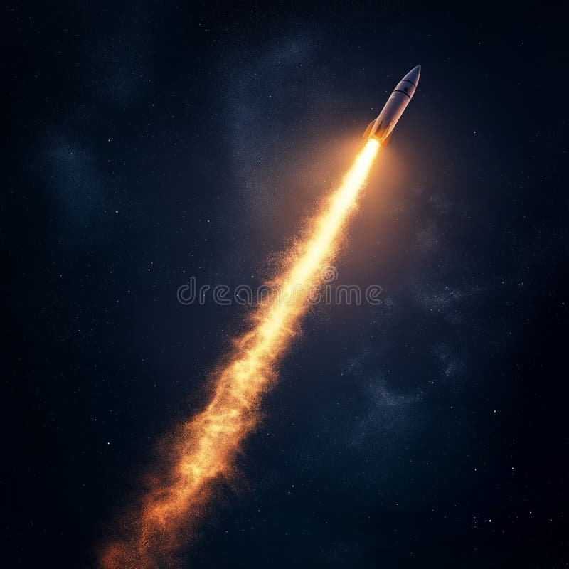 Rocket Launching into Space, Leaving Behind a Trail of Light Stock ...