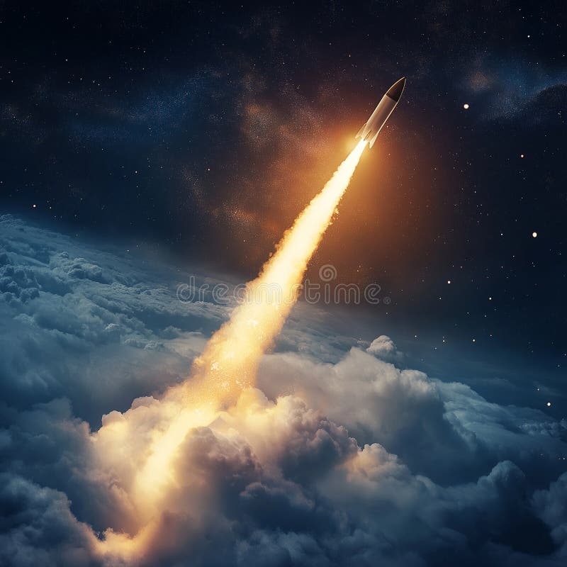 Rocket Launching into Space, Leaving Behind a Trail of Light Stock ...