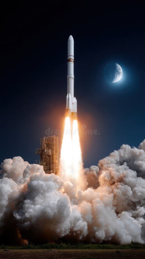 Rocket Launching into Space at Night with Large Plumes of Smoke Near ...
