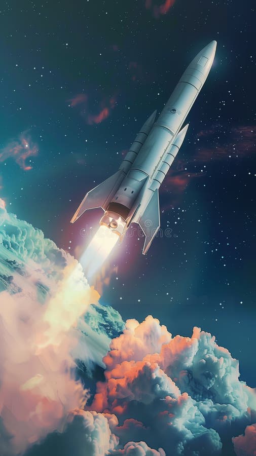A Rocket Launching into Space at Night, Surrounded by Stars and Clouds ...