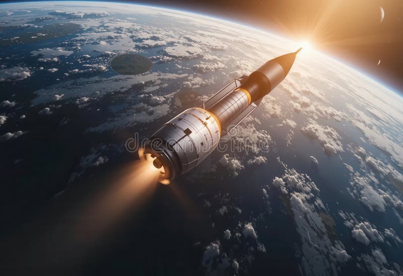 Rocket Launching into Space Over Earth at Sunrise Stock Illustration ...
