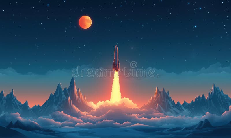 Rocket Launching into Space with Red Moon and Mountain Landscape at ...