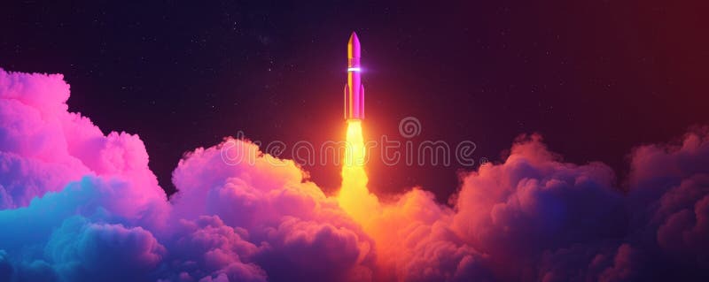 Rocket Launching into Space at Sunset, Vibrant and Colorful Scene Stock ...