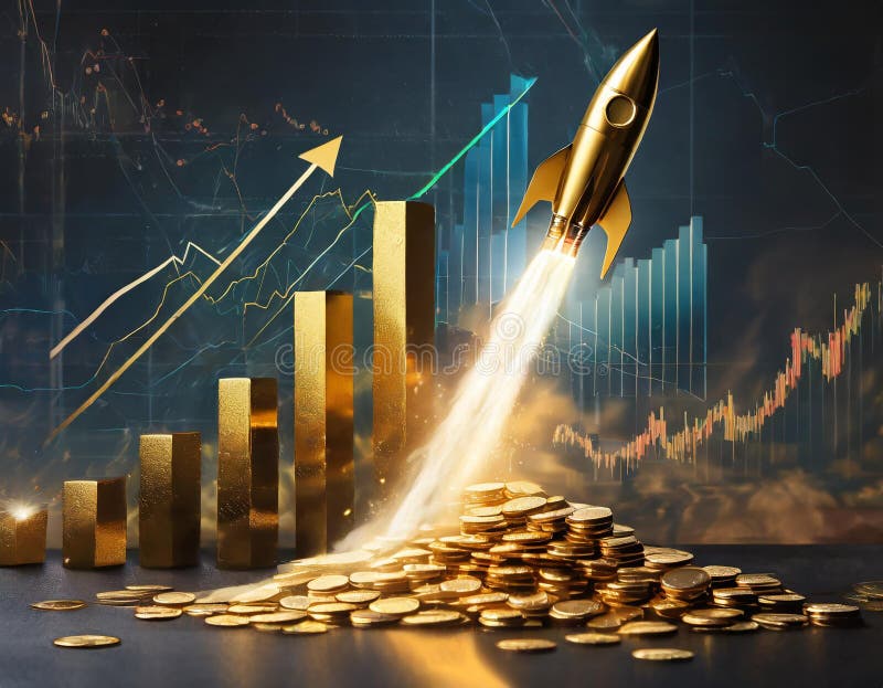 Rocket Launching from a Stack of Gold Coins Against an Upward Trend ...