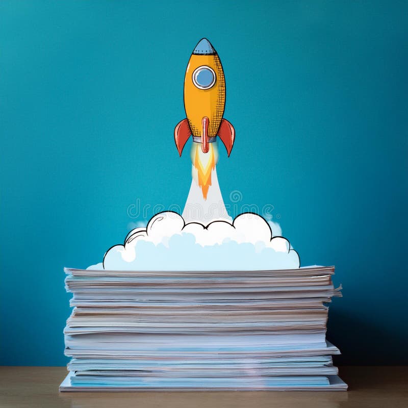 Rocket Launching from Stack of Paperwork Startup Concept Cartoon Stock ...