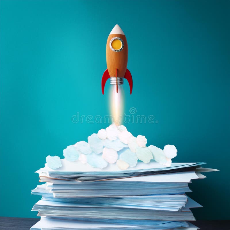 Rocket Launching from Stack of Paperwork Startup Concept Stock ...