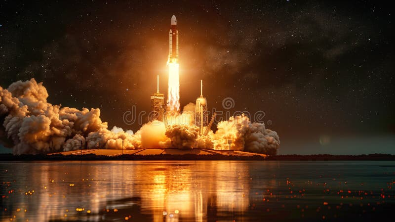 Rocket Launching into Starry Night Sky Stock Illustration ...