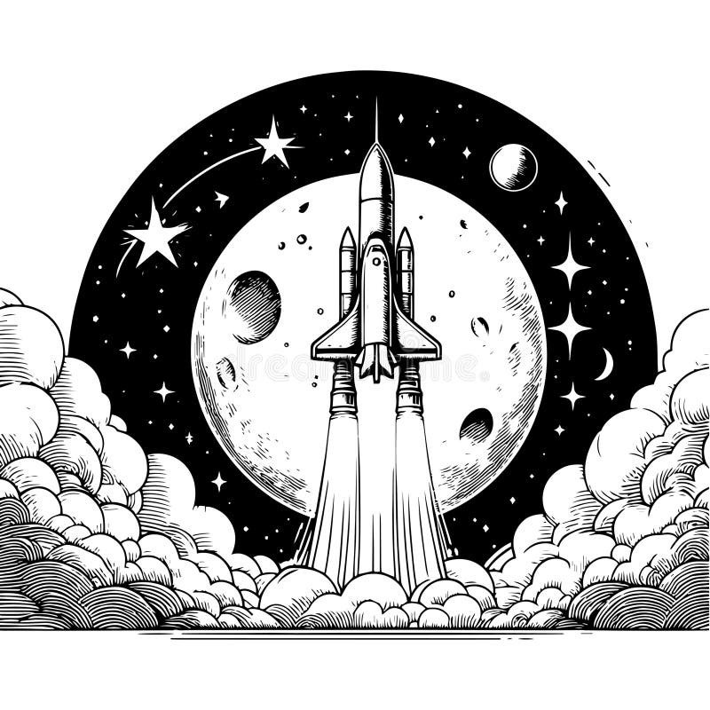 Rocket Launching into Starry Night Sky Raster Stock Illustration ...
