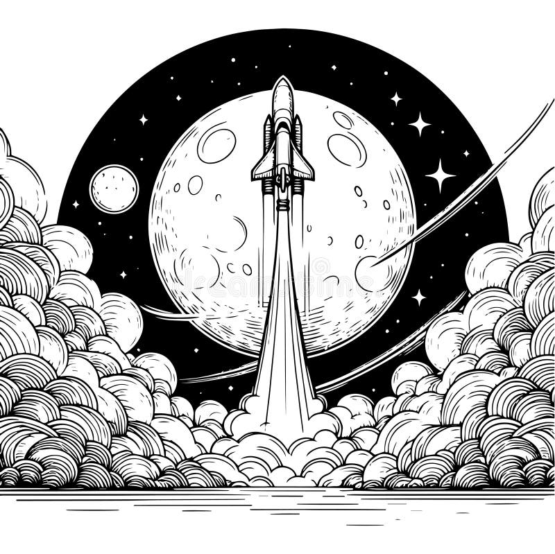 Vintage Black White Illustration Rocket Launching Stars Stock Photos ...