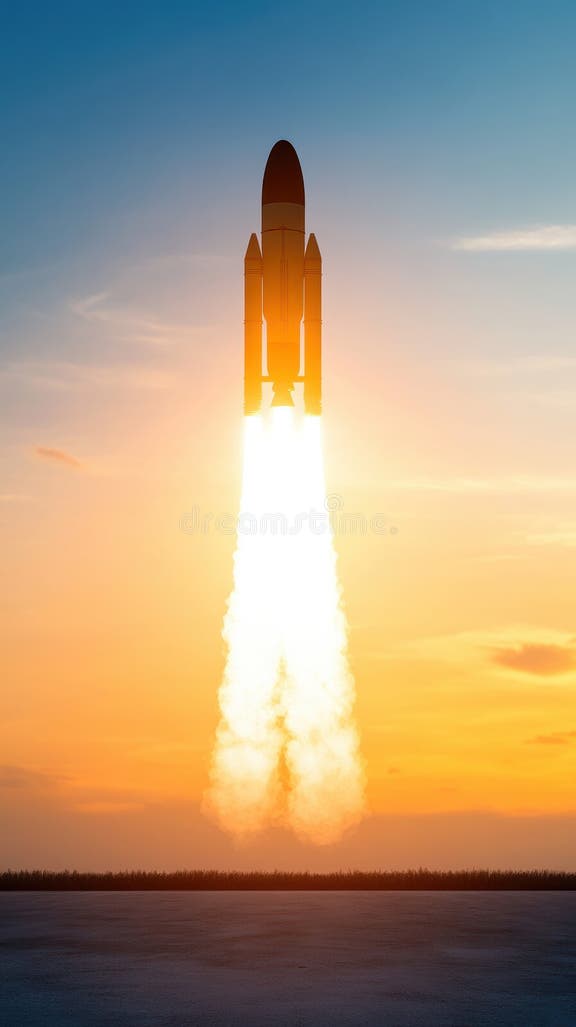 Rocket Launching at Sunset with Fiery Exhaust Stock Illustration ...