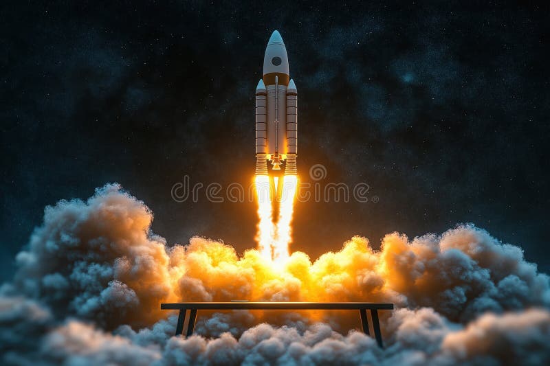 Rocket Launching from a Table in the Clouds at Night Stock Illustration ...