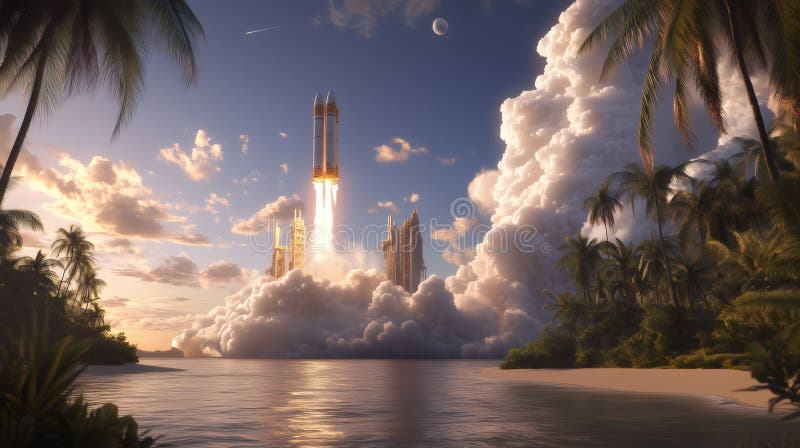 Rocket Launching from Tropical Island at Sunset Stock Illustration ...