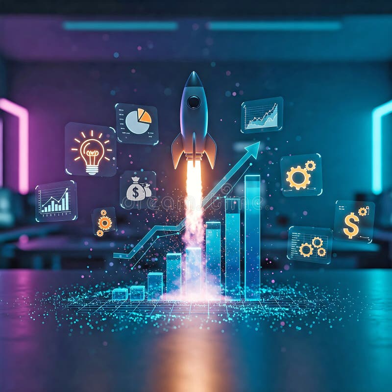 A Rocket Launching Upward from a Glowing Digital Graph, Symbolizing ...