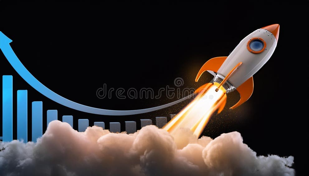 Rocket Launching with Upward Graph Bars and Arrow on Black Background ...