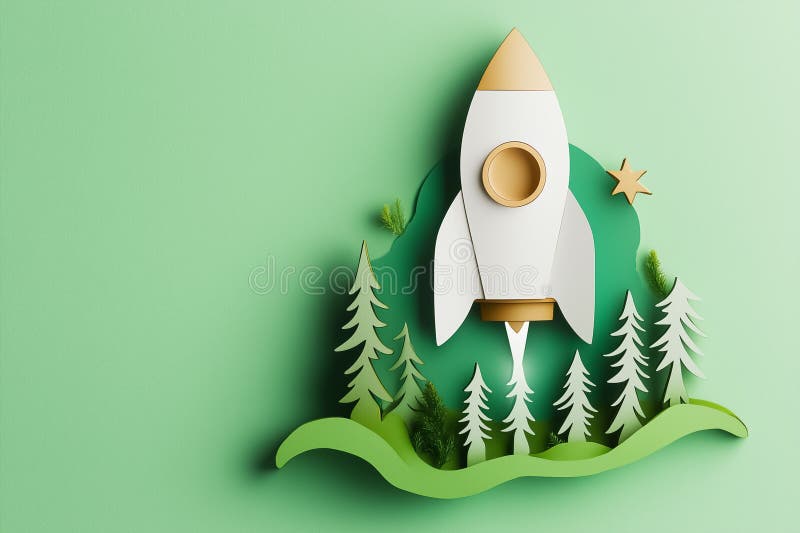 Rocket is Launching Upwards Set Against a Green Backdrop with Stylized ...