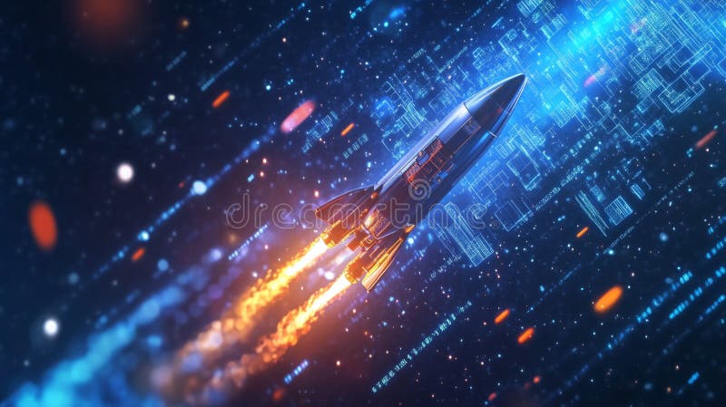 A Rocket Launching into a Vibrant, Digital Universe Filled with Glowing ...