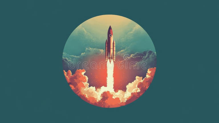 Rocket Launching into a Vibrant Sky with Clouds, Circular Frame. Space ...