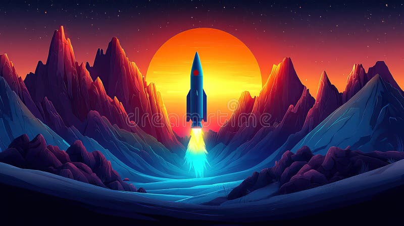 Rocket Launching into Vibrant Sunset Landscape Amidst Majestic ...