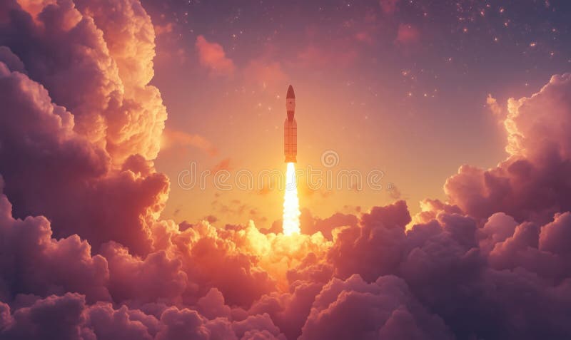 Rocket Launching into Vibrant Sunset Sky Surrounded by Clouds, Symbolizing Exploration and ...