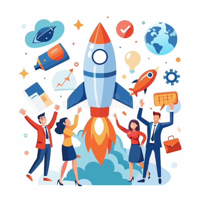 A Rocket Lifting Off with Businesspeople Cheering, Representing New Ideas Taking Flight and ...