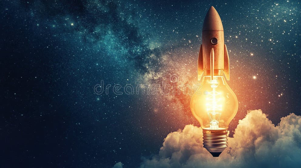 Rocket-lightbulb Launch, Night Sky, Galaxy, Innovation Concept Stock ...