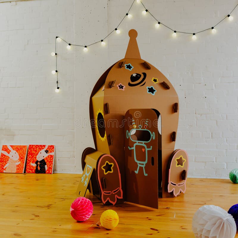Rocket Made of Cardboard. Children Art Project. DIY Concept. Cardboard ...