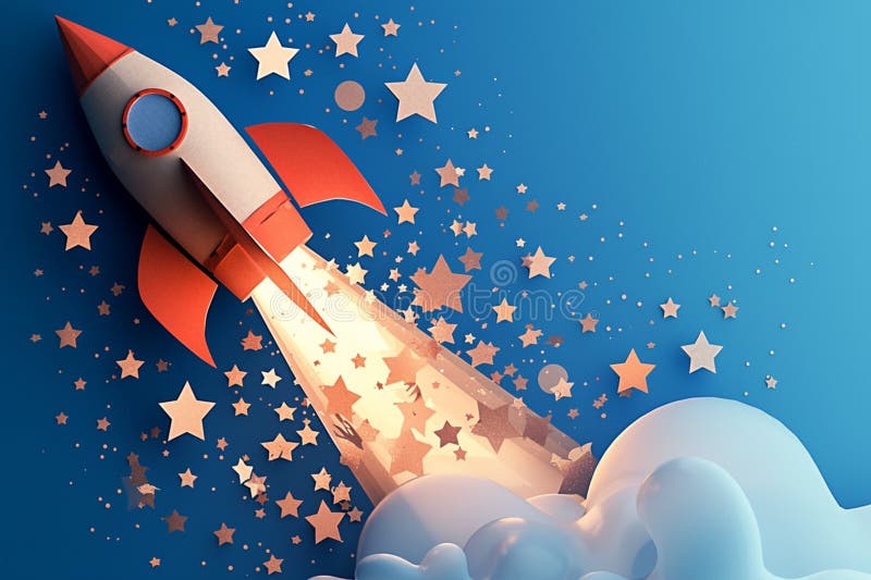 Rocket Made of Cardboard and Paper Stars Flying on Blue Stock ...