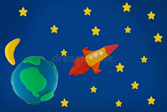 Rocket Made from Plasticine on Space Earth Moon and Star Background ...