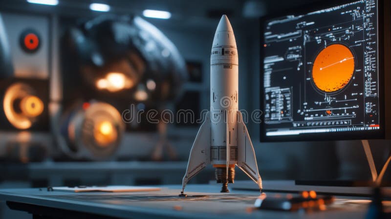 Rocket Model on Display with Technical Screens in a Space Research ...