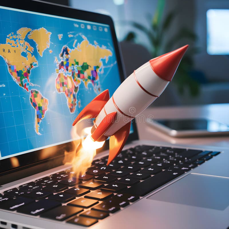 Rocket Model on Laptop Keyboard, Screen Displaying World Map, Indoor ...
