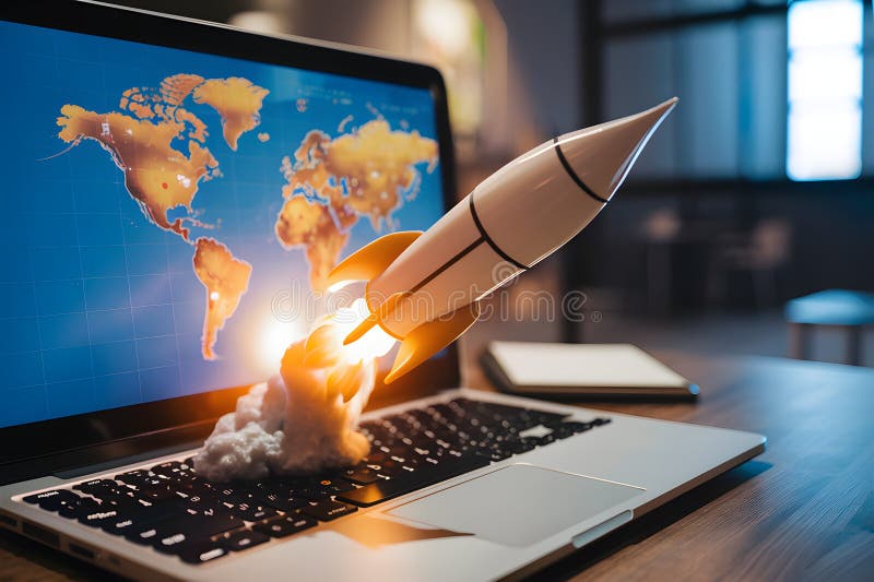 Rocket Model on Laptop Keyboard, Screen Displaying World Map, Indoor ...