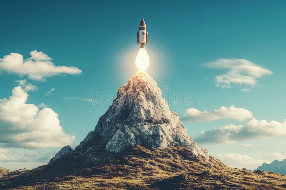 Rocket on Mountain Top Emitting Bright Light Bulb Glow Stock ...