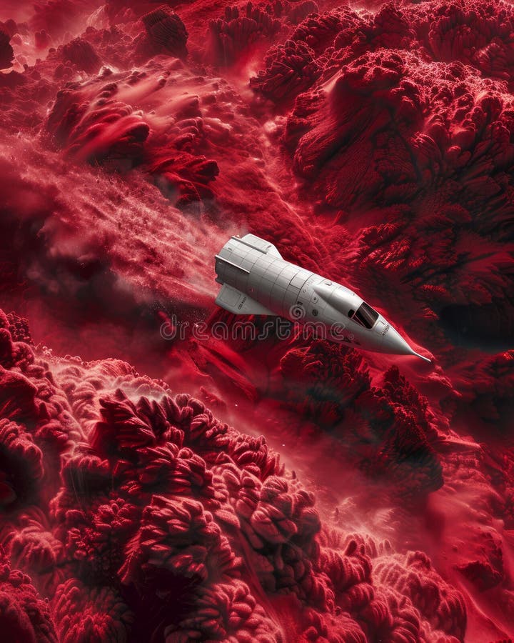 Rocket Navigating through Surreal Red Cloudscape, Futuristic Space ...