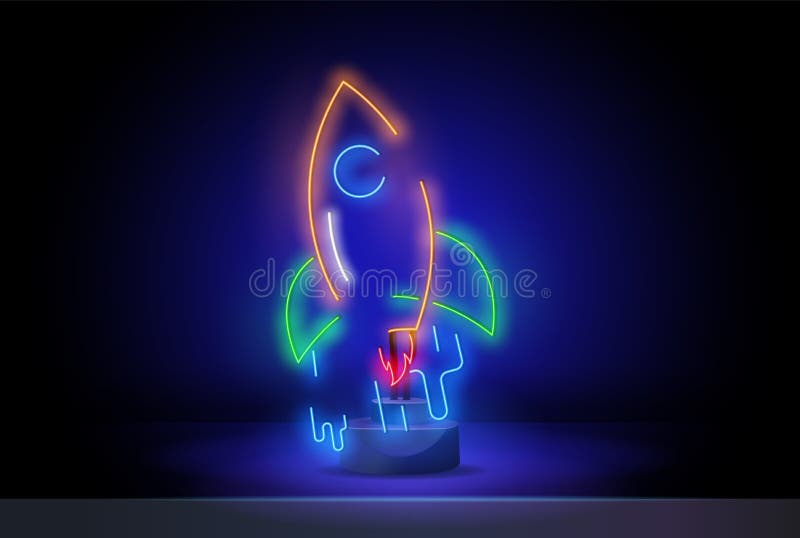 Rocket Neon Sign. Cosmic Light Signboard. Vector Bright Emblem. Neon ...