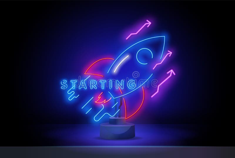 Rocket Neon Sign. Cosmic Light Signboard. Vector Bright Emblem. Neon ...