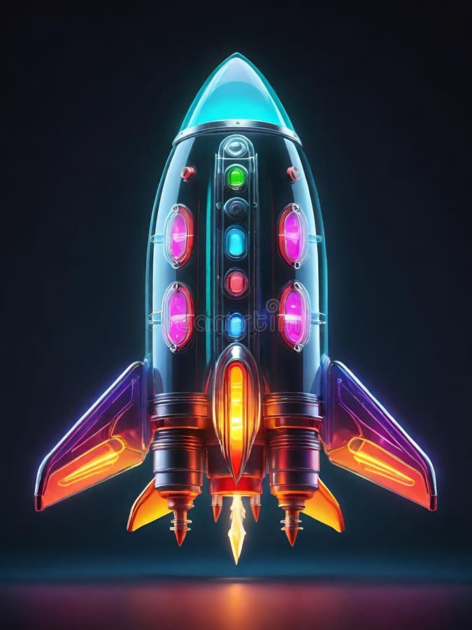 Rocket in neon style stock illustration. Illustration of ship - 319181253