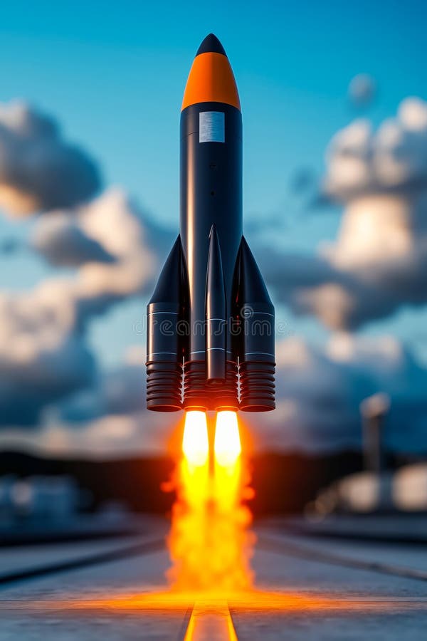 A Black and Orange Rocket Taking Off from a Runway Stock Photo - Image ...