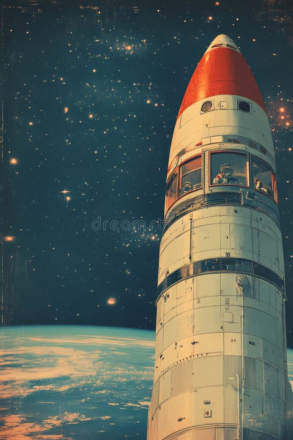 Rocket Orbiting Planet with Detailed Surface and Starry Background in ...