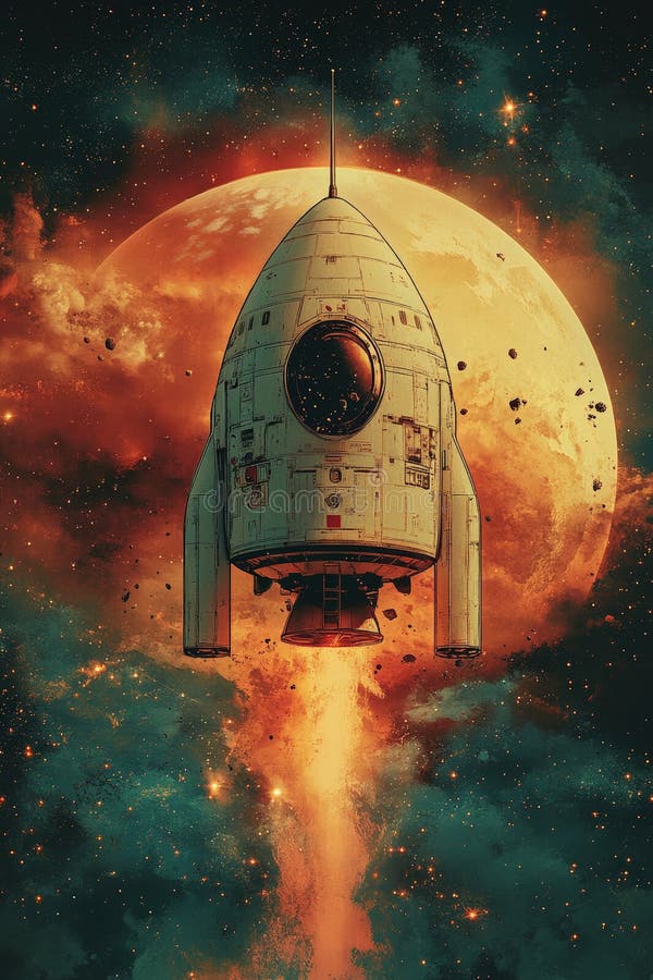 Rocket Orbiting Planet with Detailed Surface and Starry Background in ...